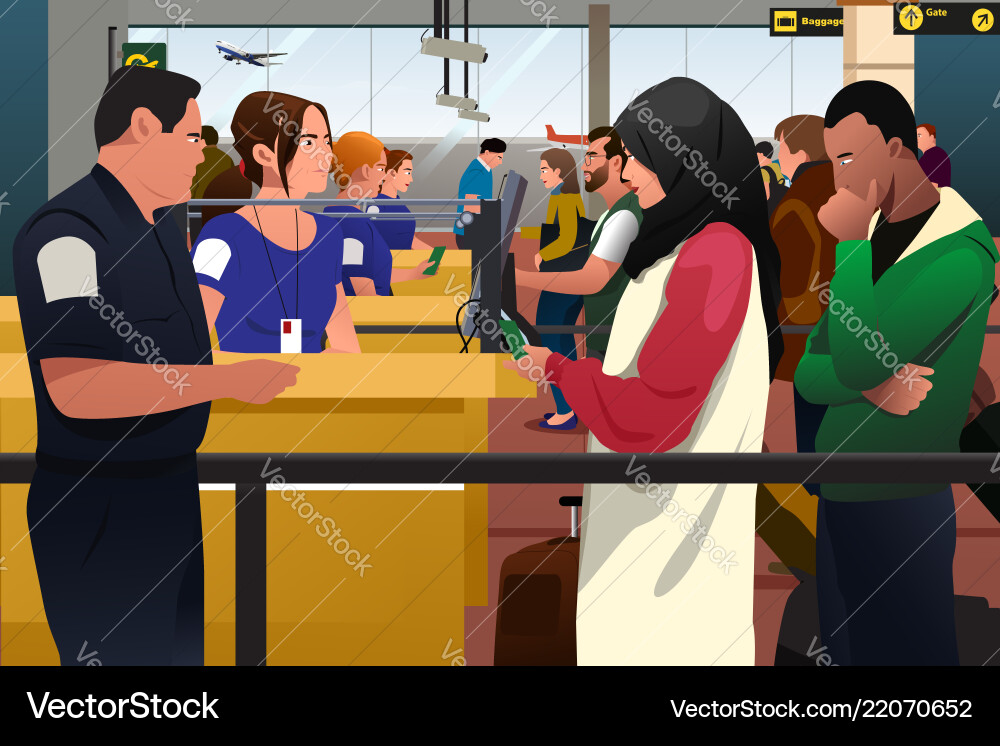 People being checked immigration line in the Vector Image