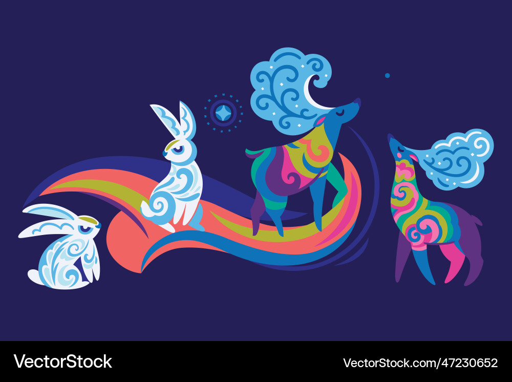 Reindeer and hare in whimsy shapes folk Royalty Free Vector