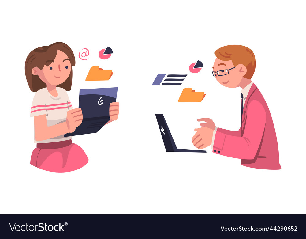 Young people chatting with laptop computers Vector Image Young people chatting with laptop computers Vector Image