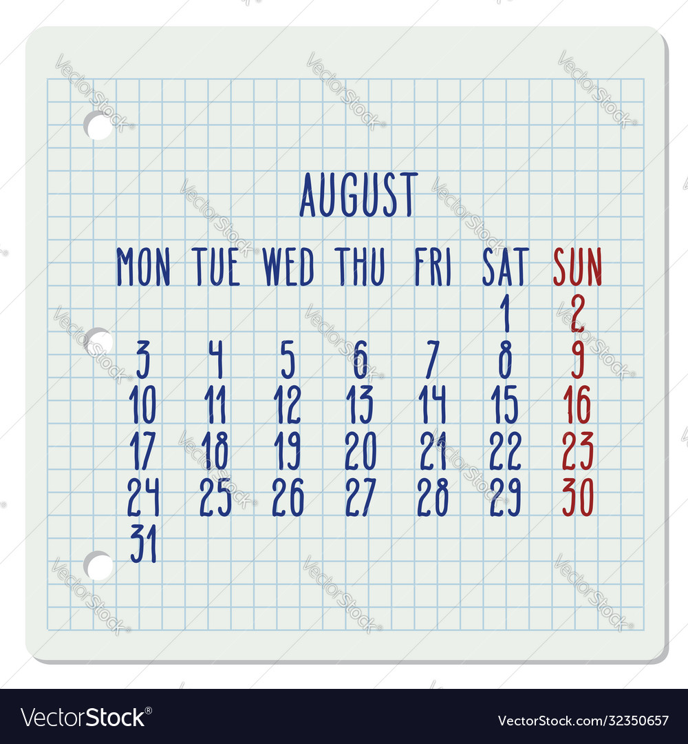 August year 2020 monthly notebook page calendar Vector Image