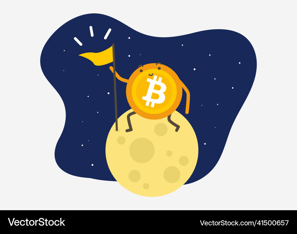 Bitcoin standing on the moon and holding a flag Vector Image