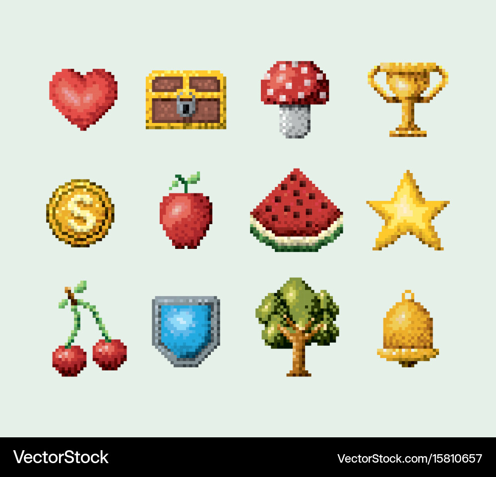 Color pixelated set of elements arcade game icons Vector Image