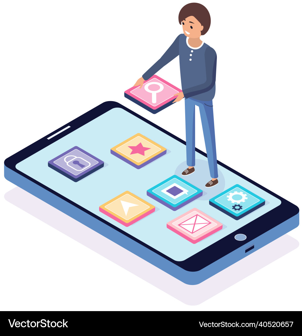 Man near phone working with application icons Vector Image