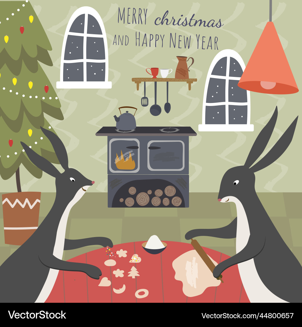 Two cute hares cooking in the kitchen rabbits Vector Image