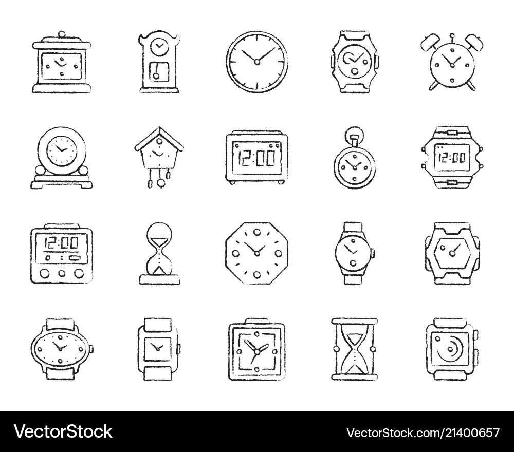 Watch charcoal draw line icons set Royalty Free Vector Image