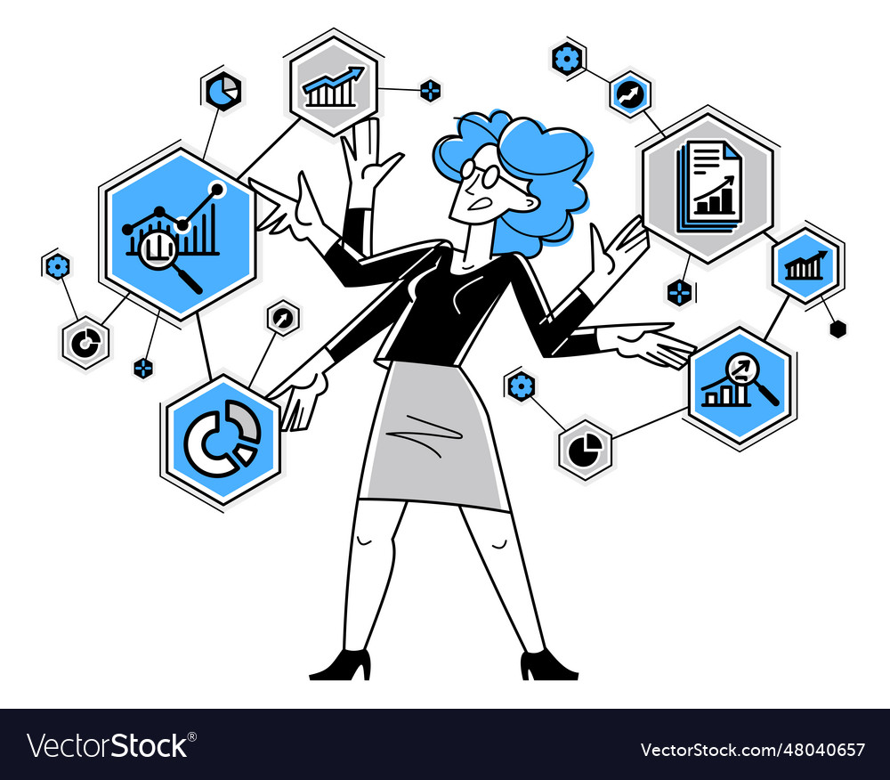 Worker Analyzes Some Data And Systematizing Vector Image
