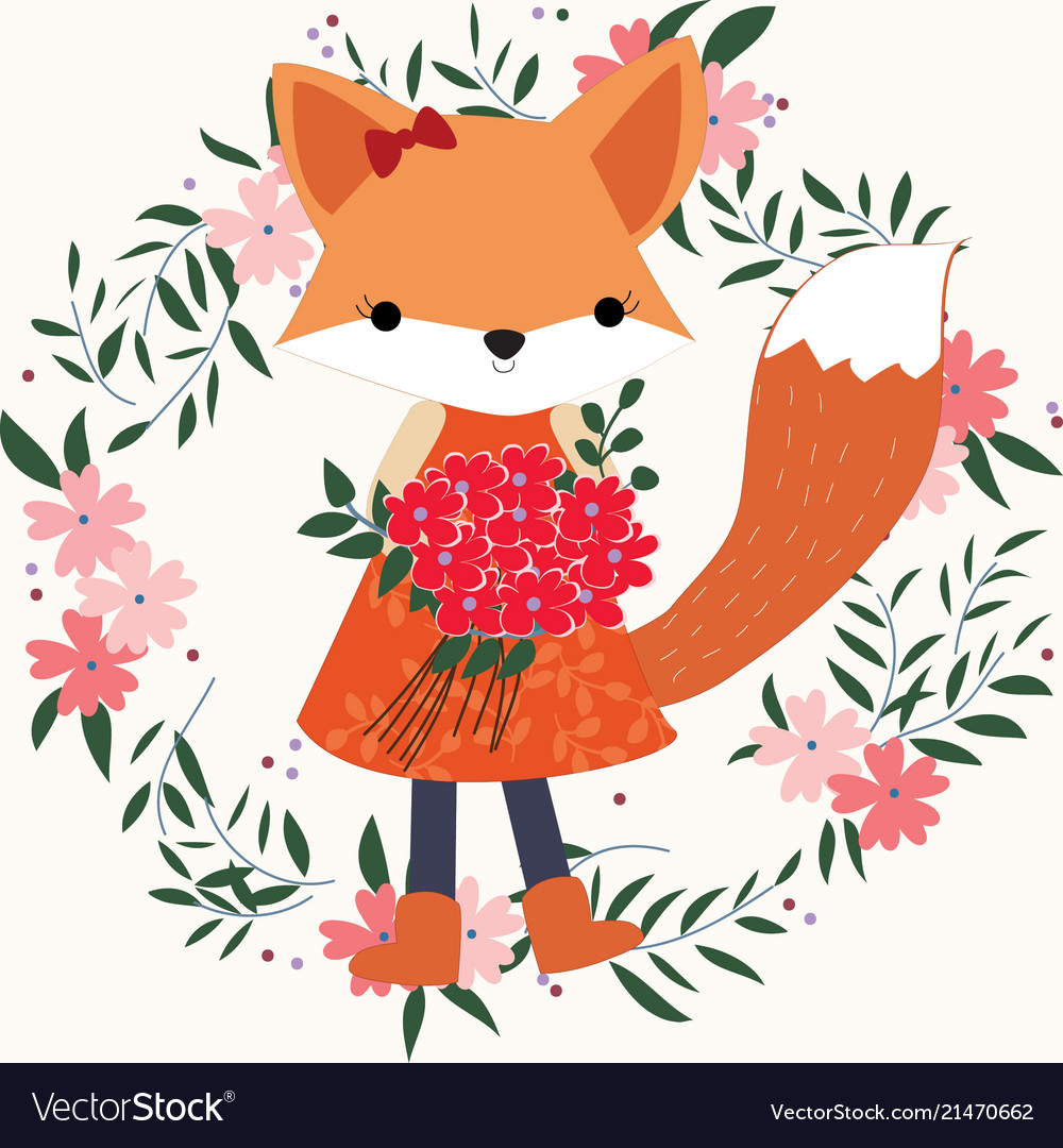 Baby fox girl in the floral frame Royalty Free Vector Image