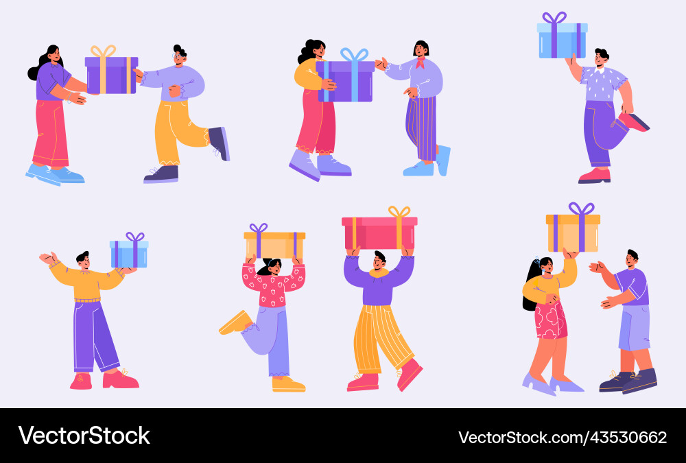 Happy people hold gift boxes give presents Vector Image