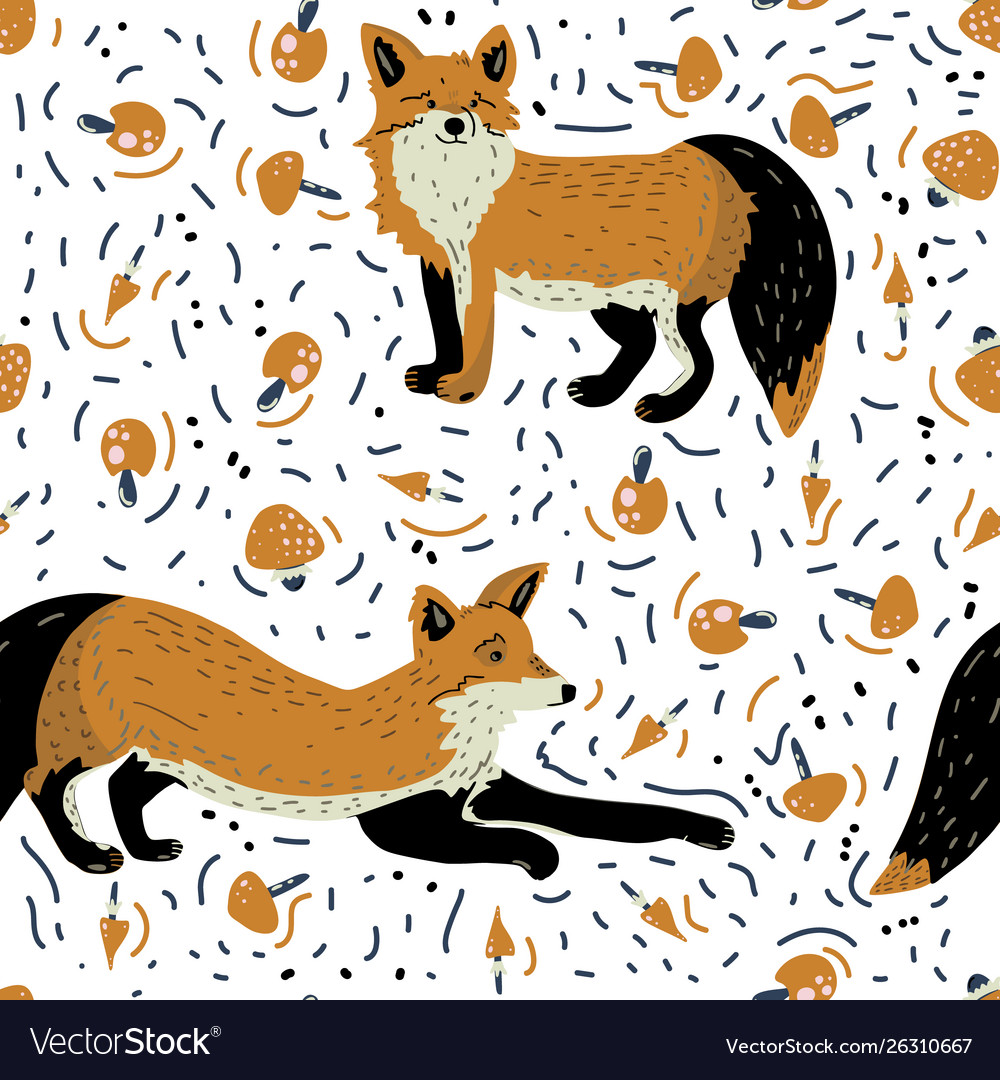 Fox flat hand drawn seamless pattern Royalty Free Vector