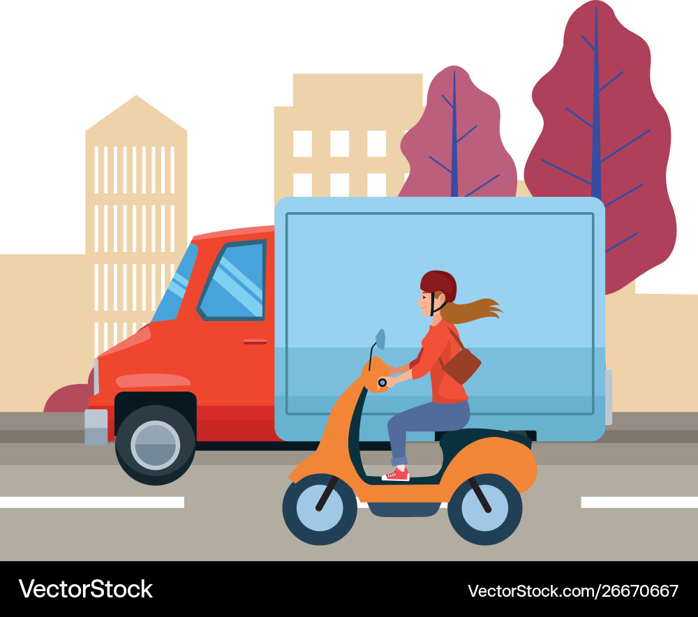Vehicle and motorcycle with drivers riding Vector Image