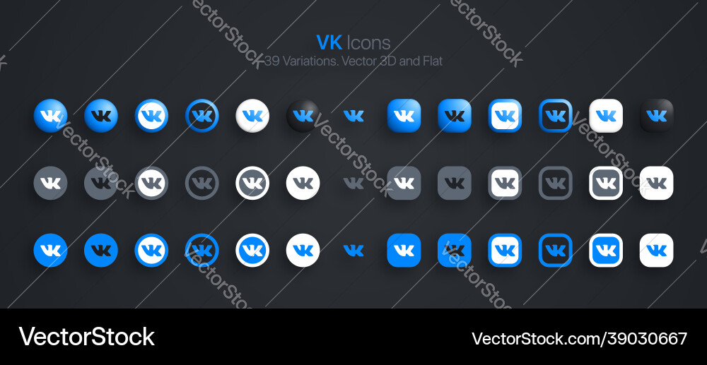 Vk icons set modern 3d and flat in different Vector Image