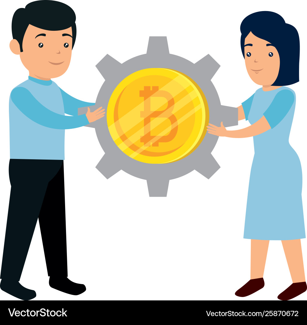 Business people lifitng bitcoin Royalty Free Vector Image