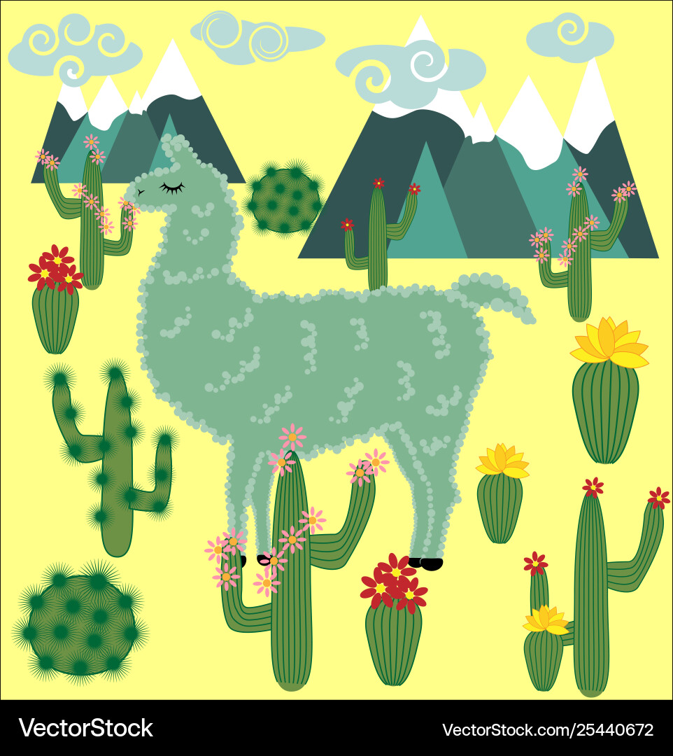 Cute alpaca llama animals and cactus Royalty Free Vector