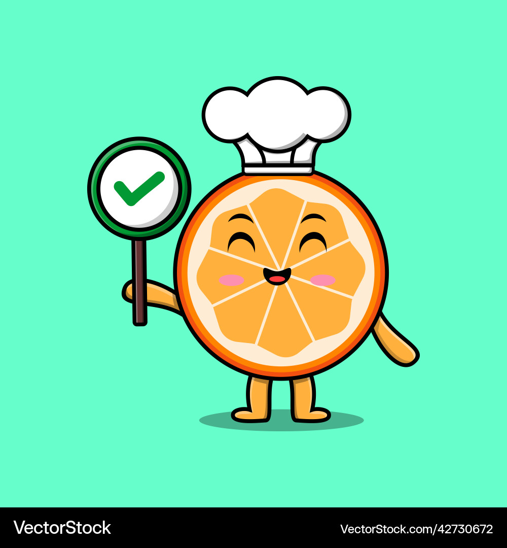 Cute cartoon orange fruit chef hold correct sign Vector Image