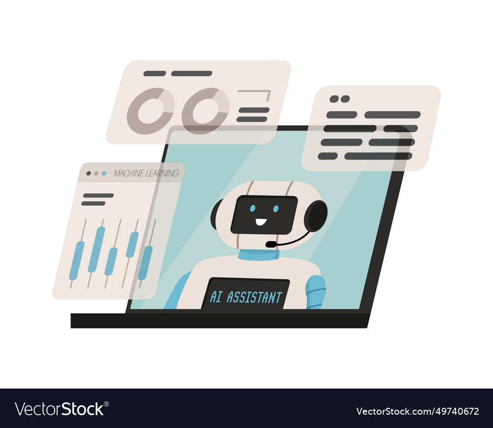 Opened laptop with smiling robot ai assistant Vector Image