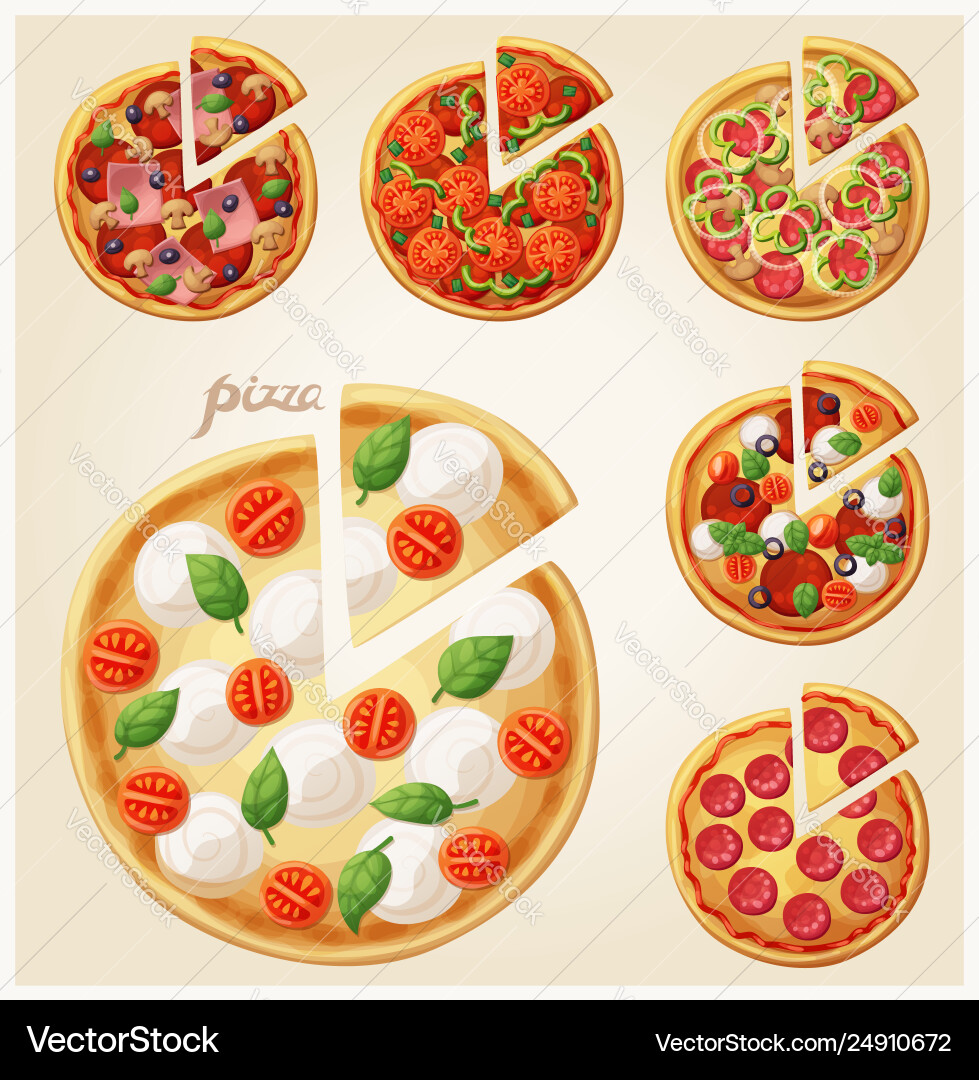 Pizza top view set italian with slices Royalty Free Vector