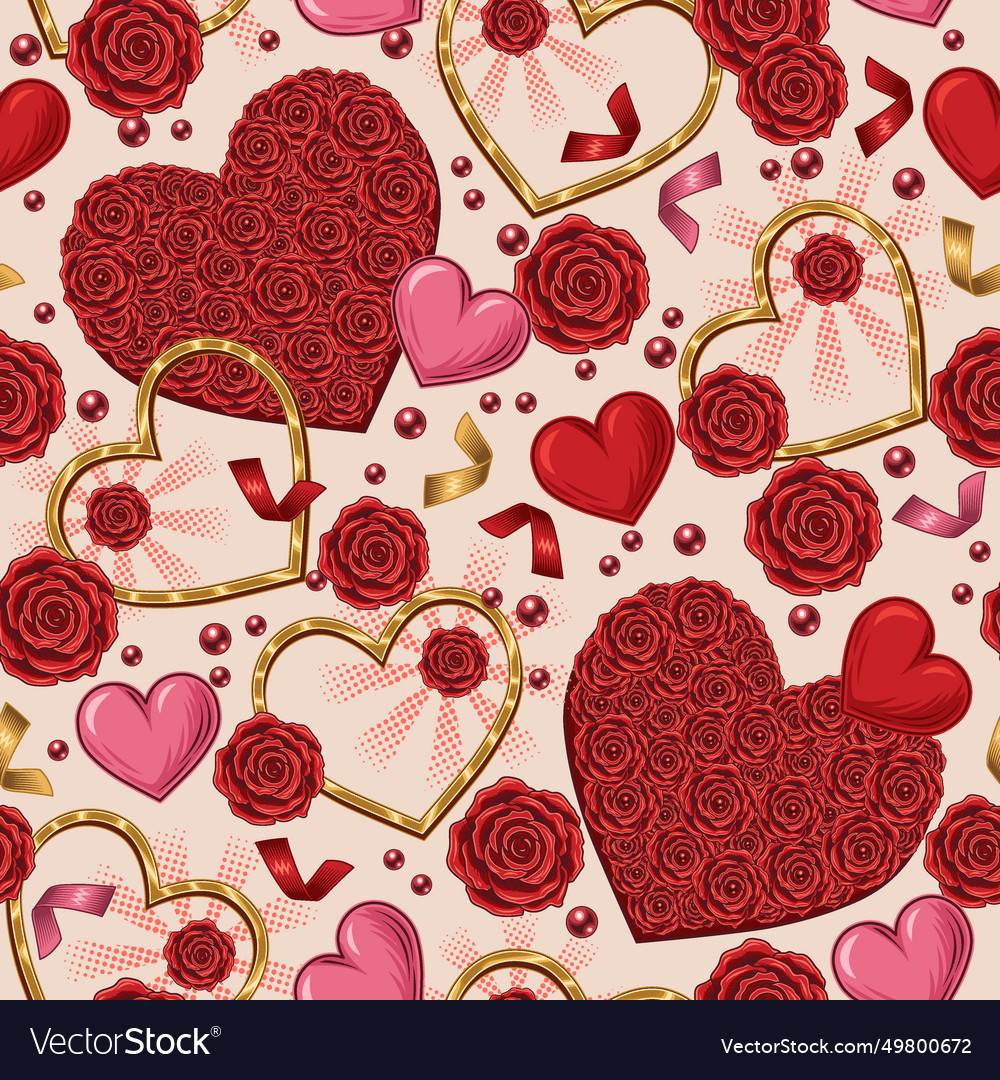 Valentines day pattern with hearts rose flowers Vector Image