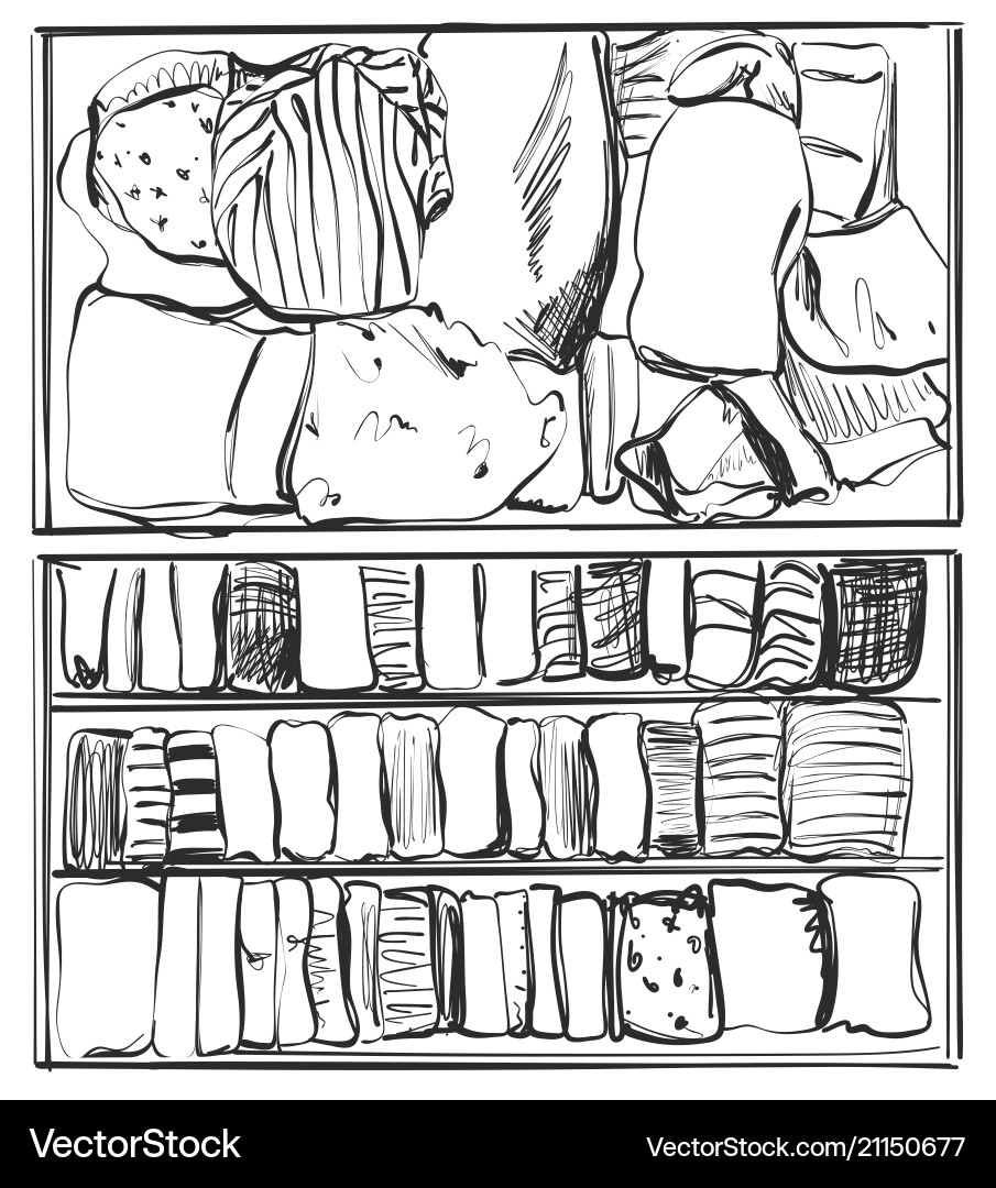 Hand drawn wardrobe sketch shelf with clothes Vector Image