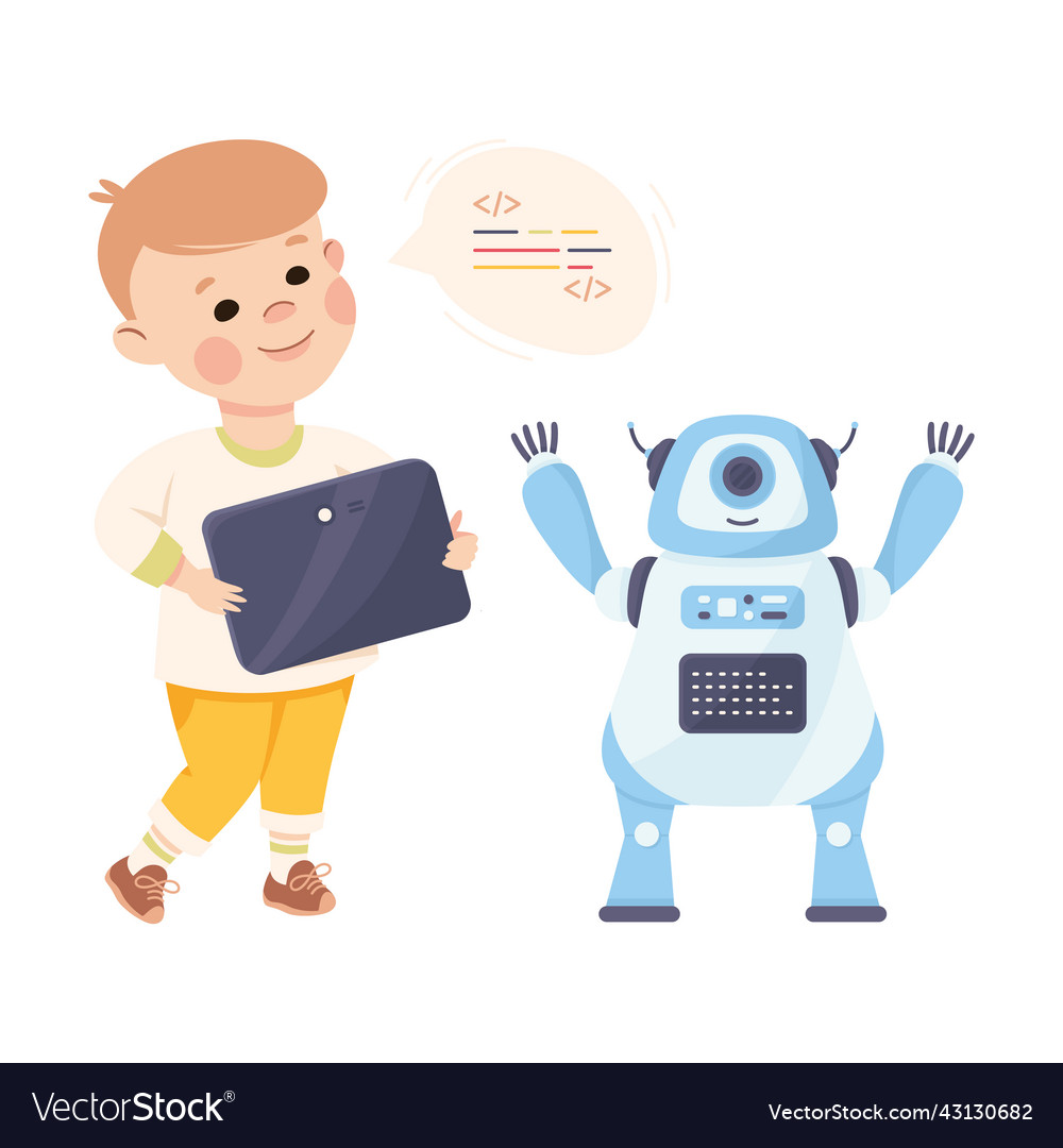 Little boy with robot and tablet engineering smart