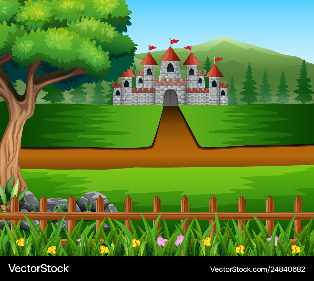 Nature scene with road to castle Royalty Free Vector Image