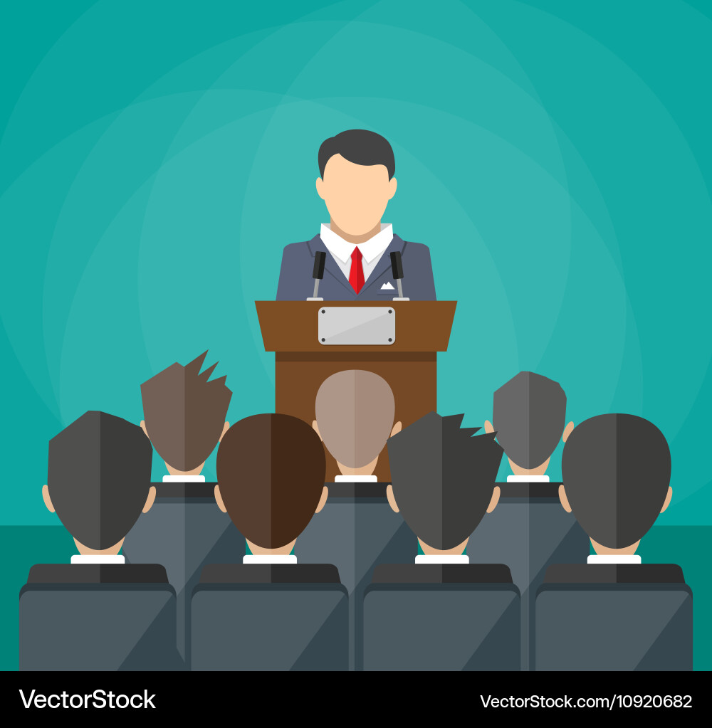 Orator speaking from tribune crowd on chairs Vector Image