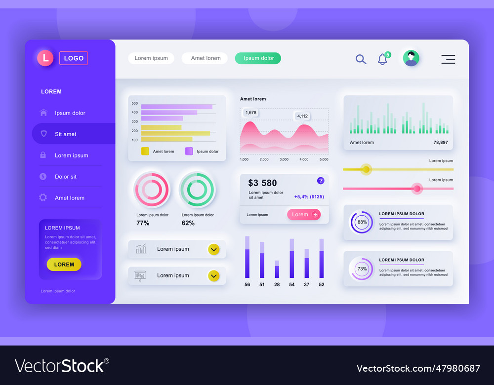 Neumorphic dashboard ui kit admin panel design Vector Image