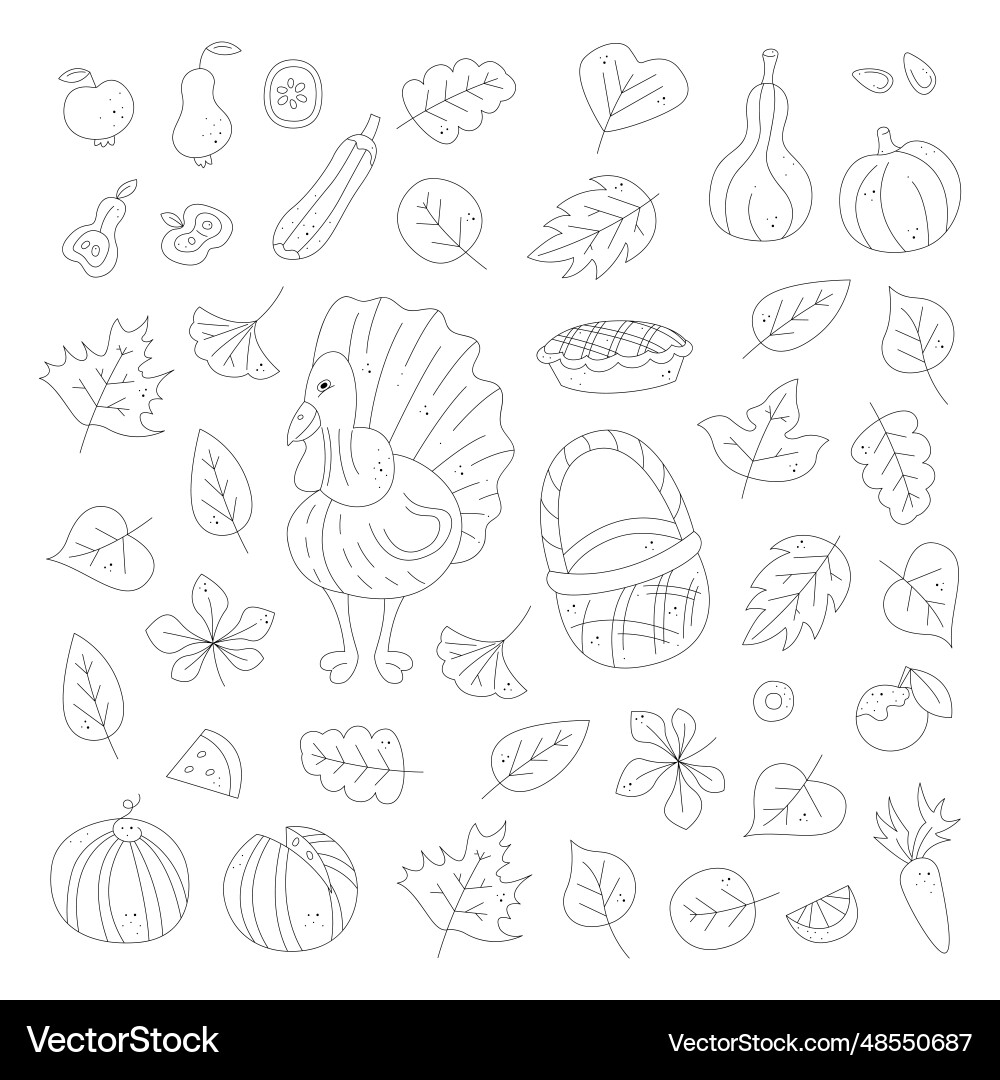 Thanksgiving set with turkey autumn leaves Vector Image