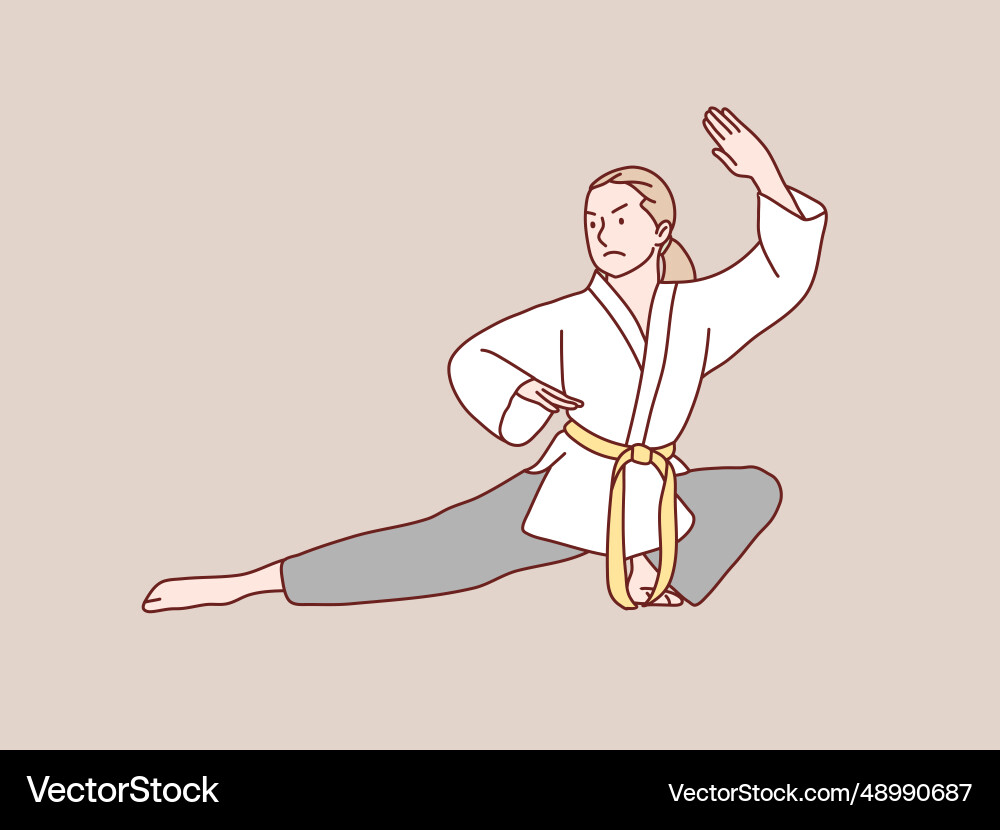 Woman practice karate red belt do low kick Vector Image