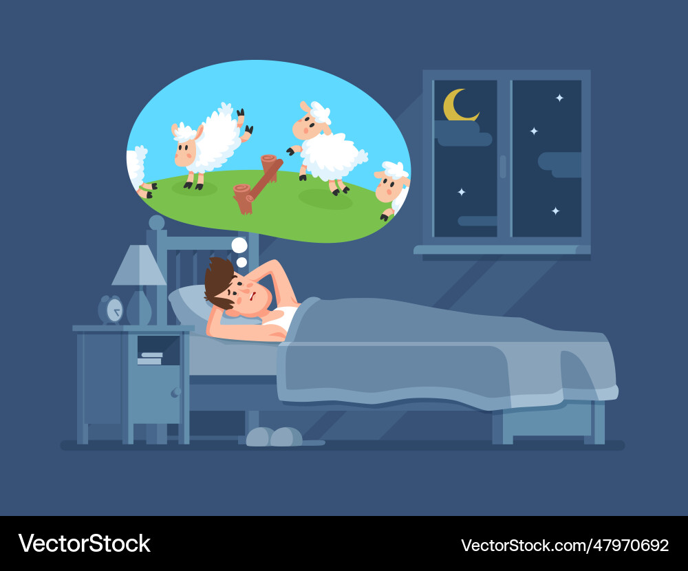 Sleepless man in bed trying to fall asleep Vector Image