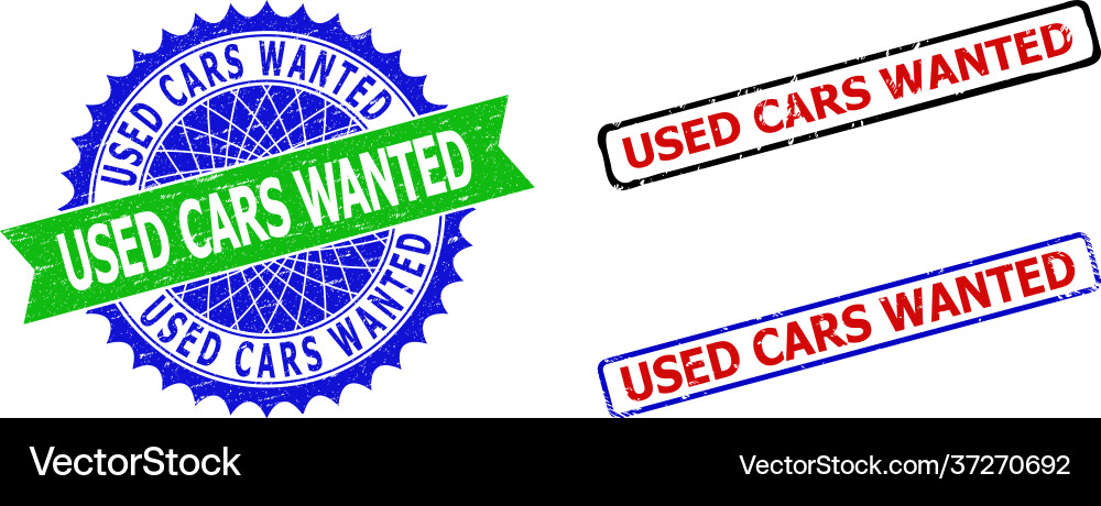Used cars wanted rosette and rectangle bicolor Vector Image