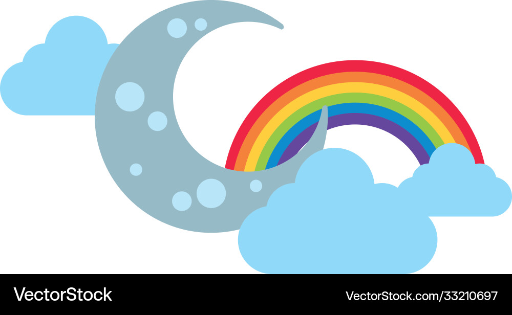 Cute rainbow with clouds and crescent moon flat Vector Image