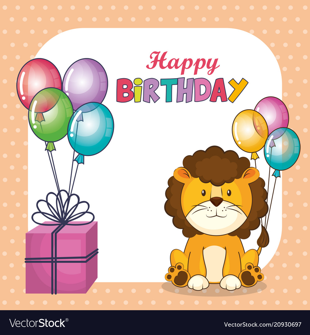Happy birthday card with cute lion Royalty Free Vector Image