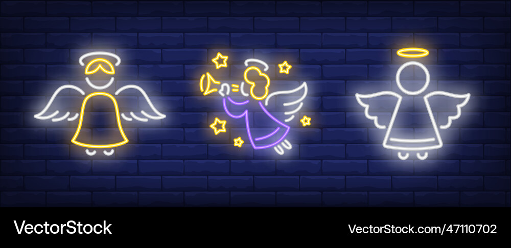 Angel playing flute neon sign set Royalty Free Vector Image