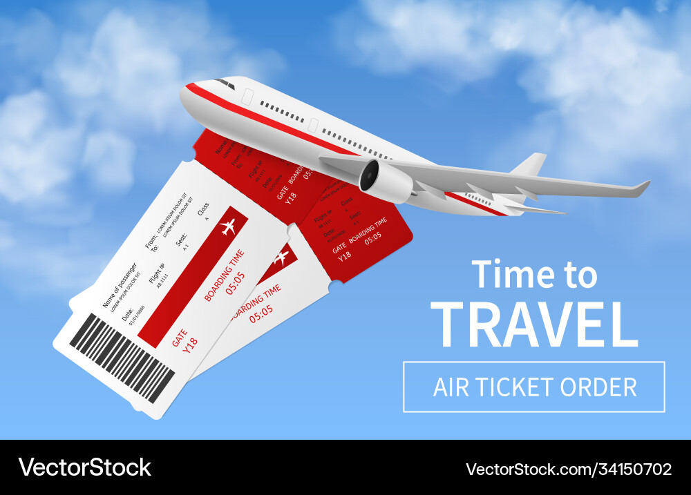 Flights banner realistic airplane in sky Vector Image