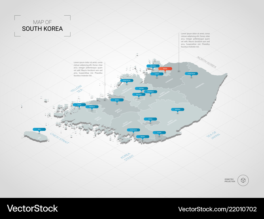 Isometric south korea map with city names Vector Image