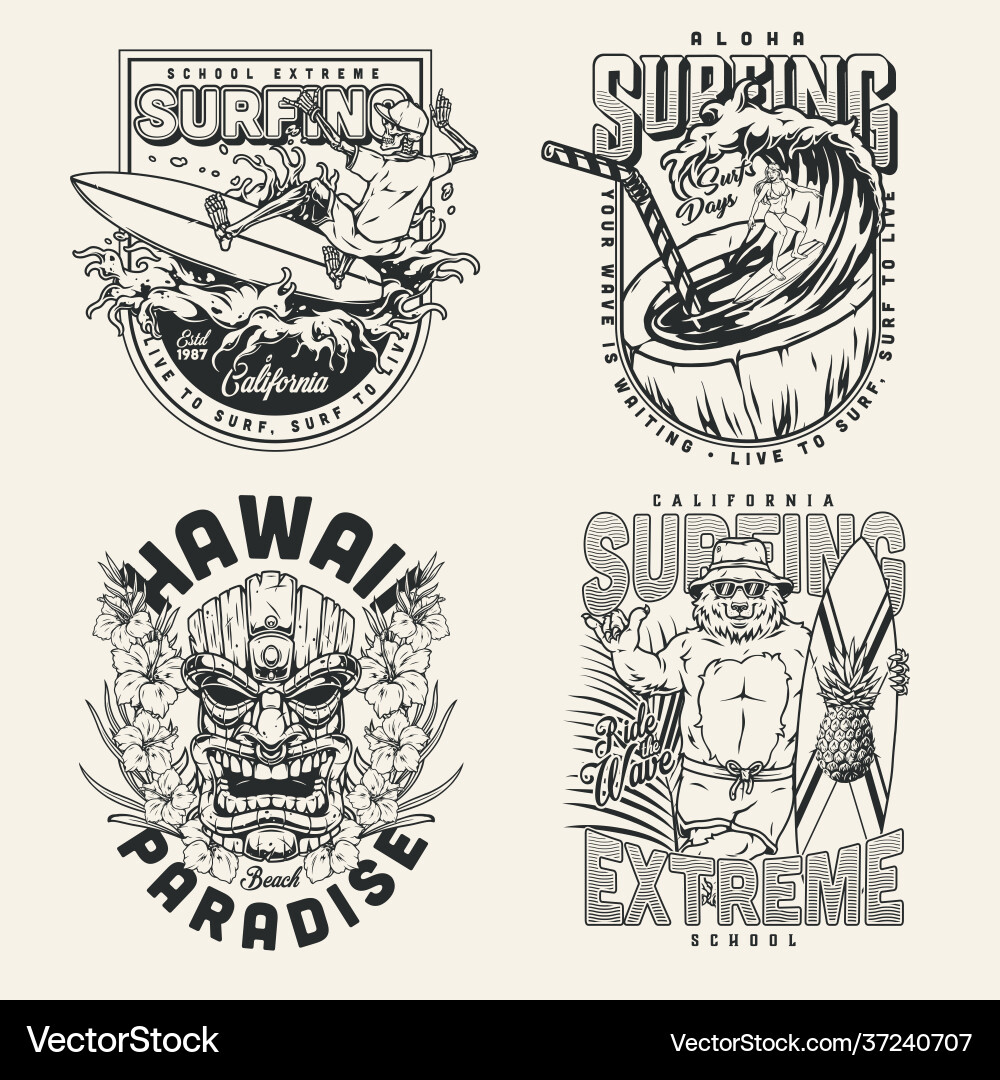 Surfing vintage monochrome designs set Royalty Free Vector