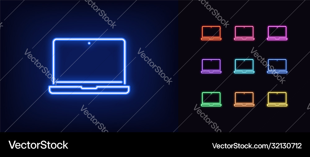 Neon laptop icon glowing notebook sign set Vector Image