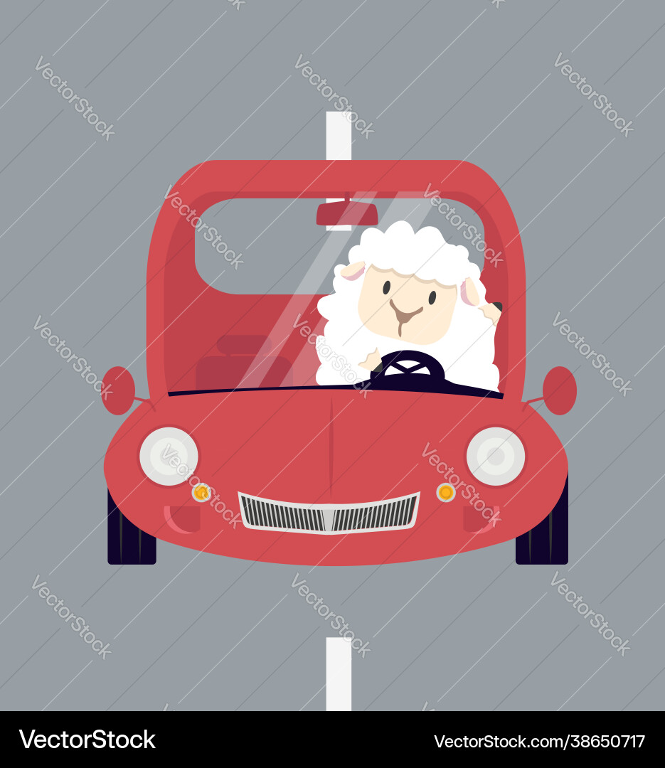 White little sheep driving car Royalty Free Vector Image