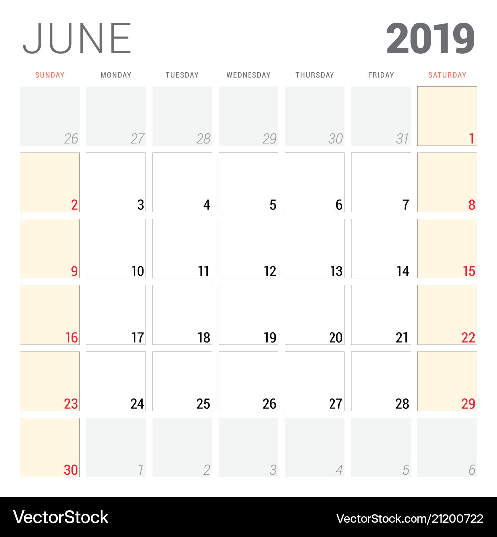 Calendar planner for june 2019 week starts Vector Image