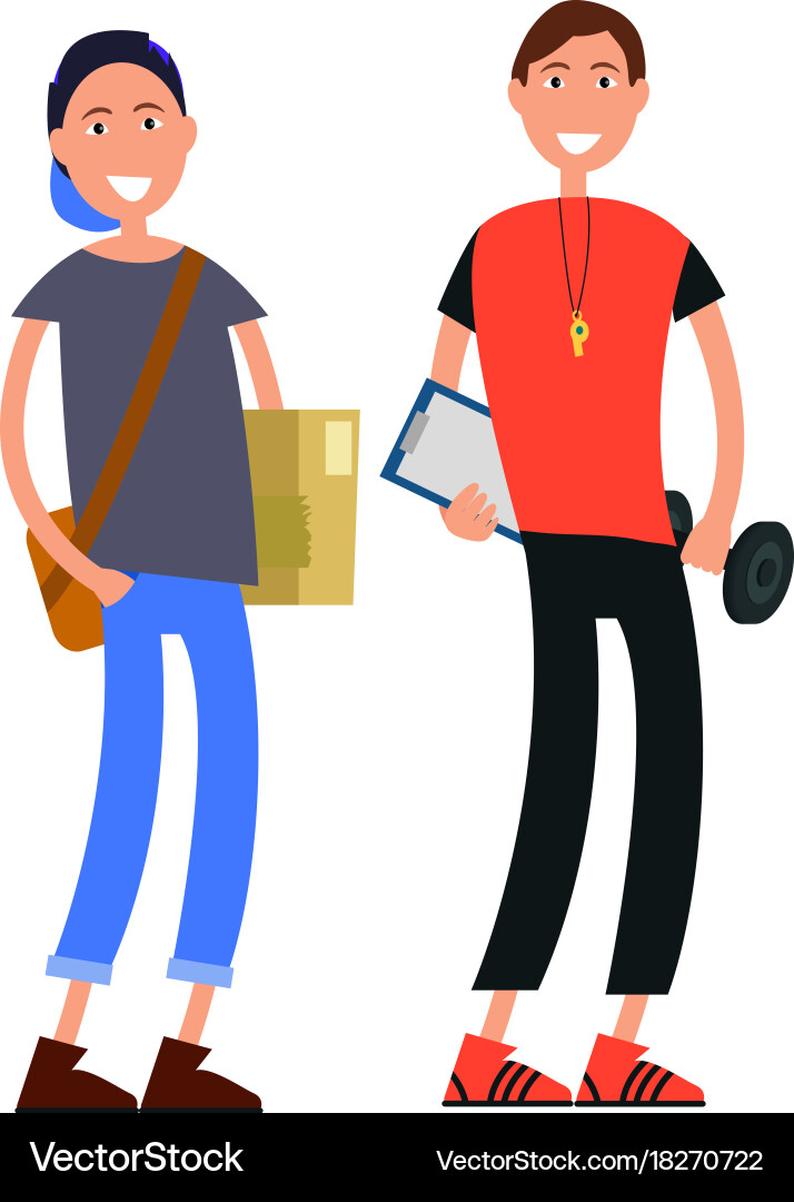 Cartoon courier with box and coach barbell Vector Image