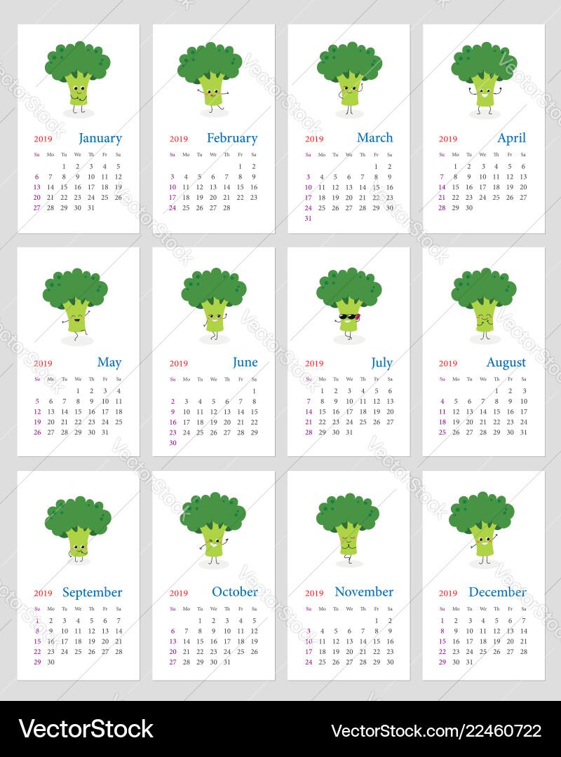 Cute monthly broccoli calendar 2019 Royalty Free Vector