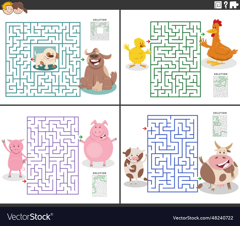 Maze activities set with cartoon farm animal Vector Image