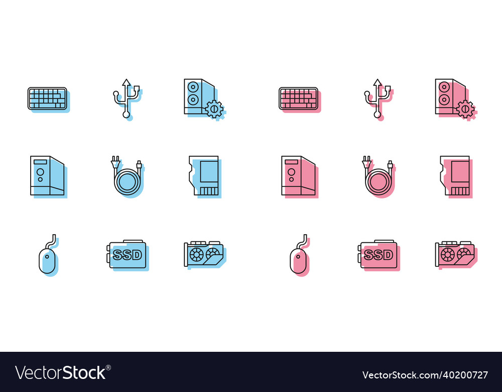 Set line computer mouse ssd card keyboard video Vector Image