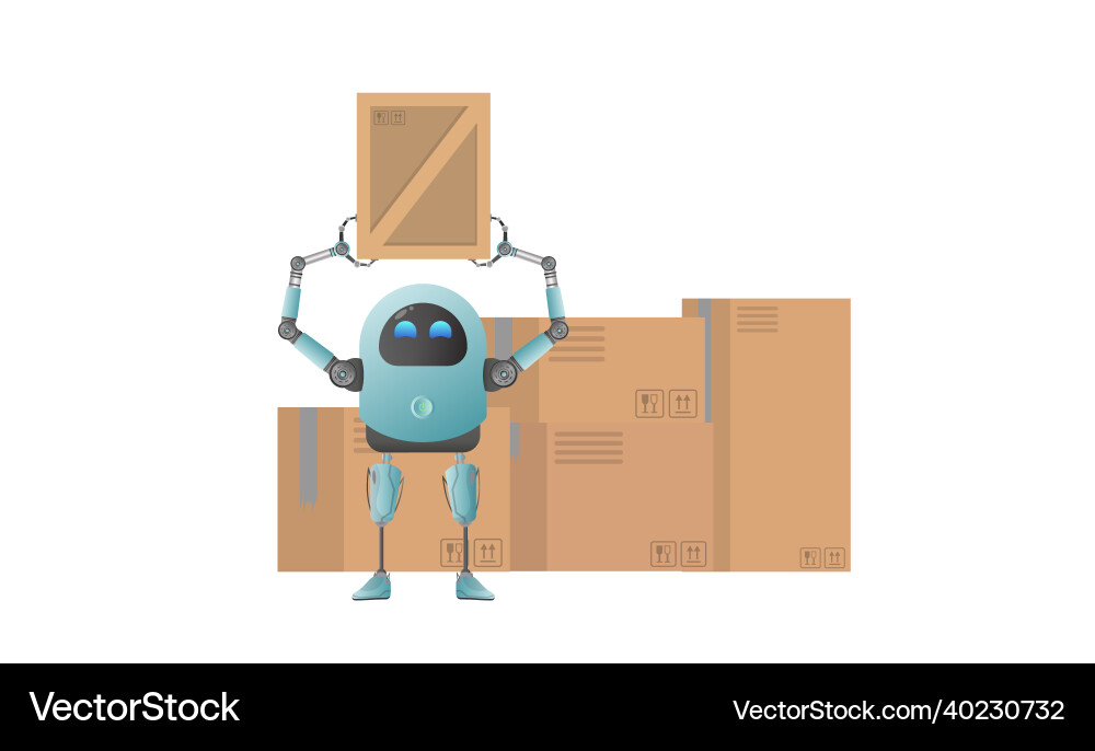A small futuristic robot picks up parcel carton Vector Image