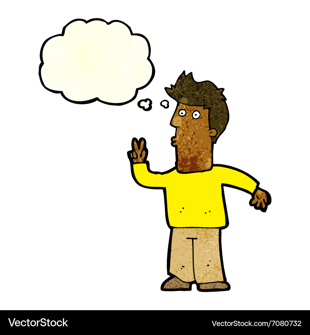 Cartoon man giving peace sign with thought bubble Vector Image