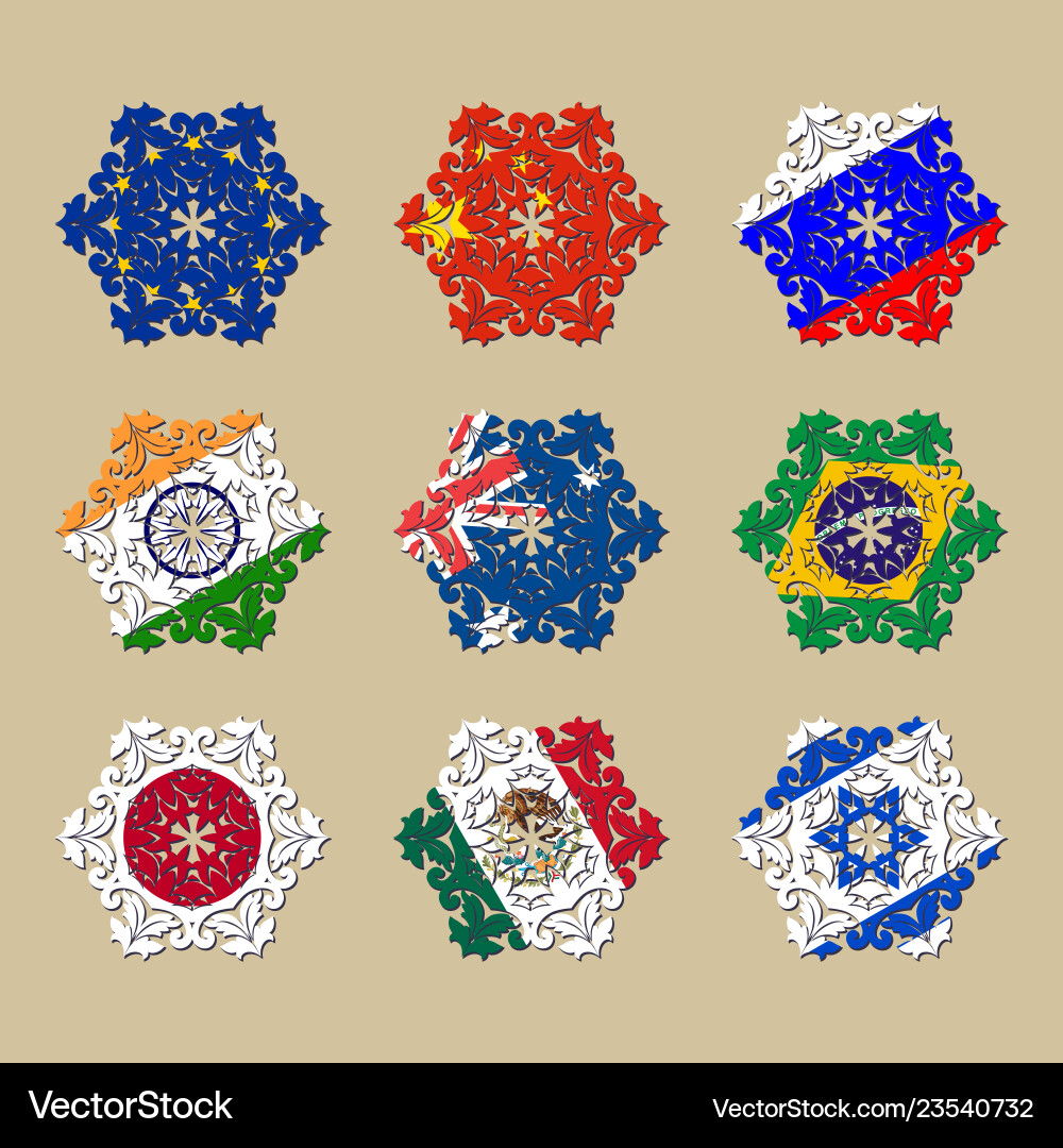 Flags of countries in the form a snowflake Vector Image