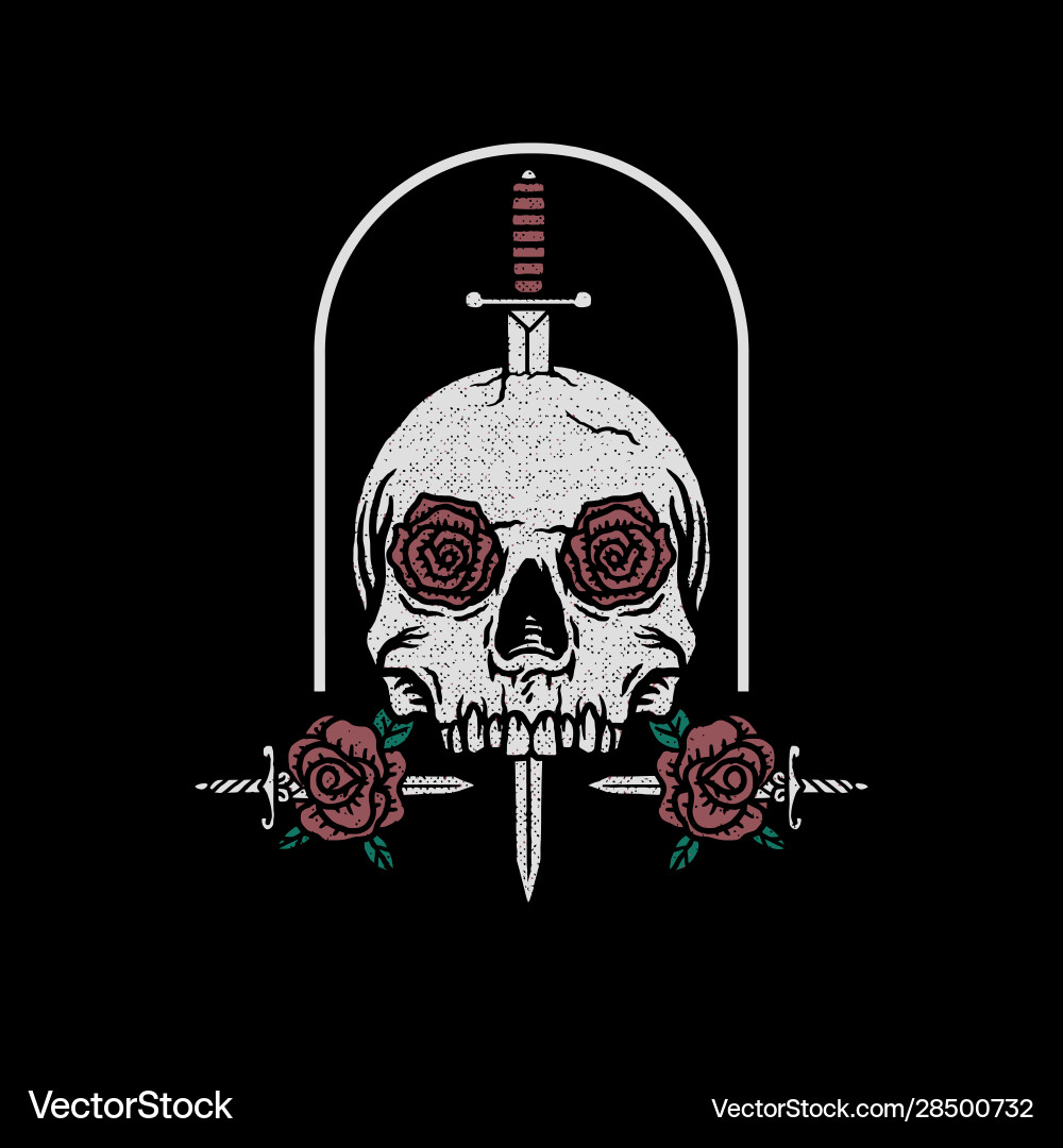 Sword through a skull with knife and roses Vector Image