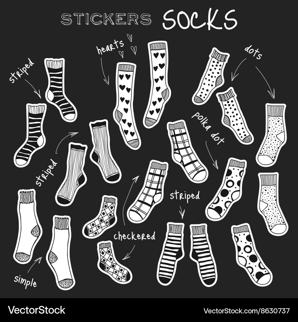 Stickers doodle socks isolated on black background