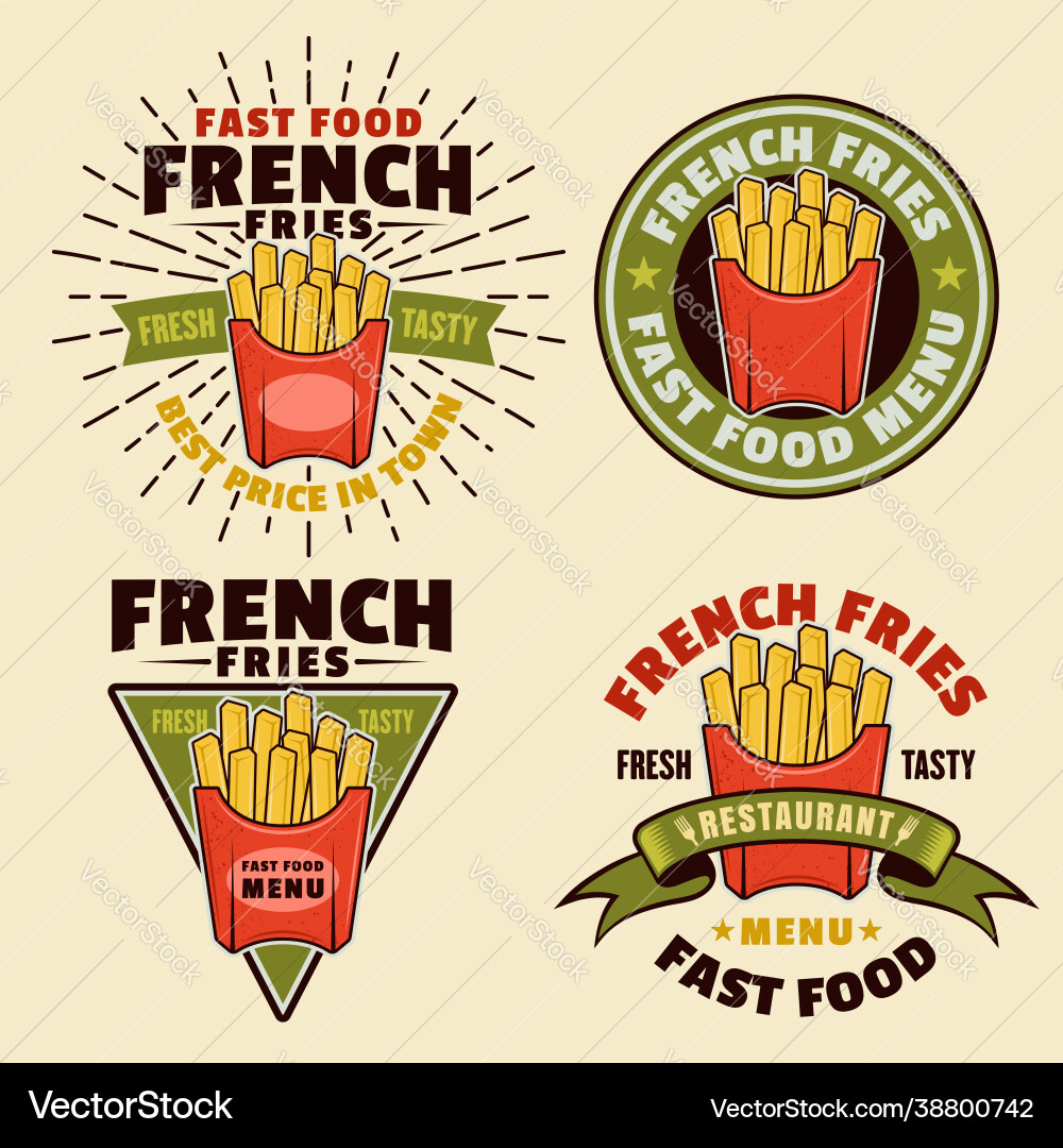 French fries set four colorful emblems Royalty Free Vector