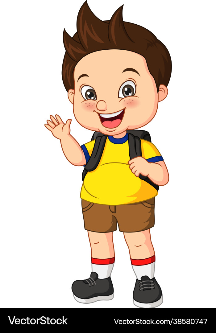 Cartoon school boy fat waving hand Royalty Free Vector Image